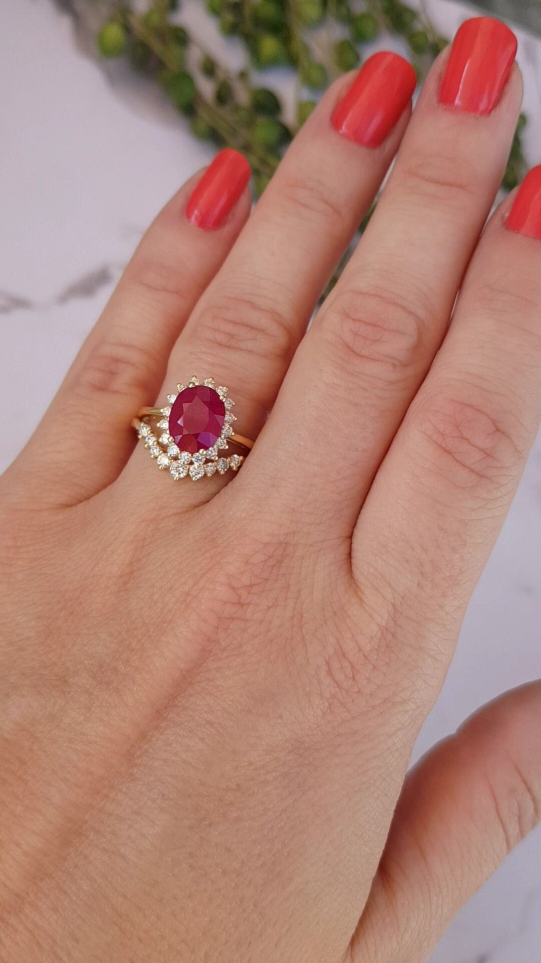 Ruby Ring Set, Vintage Style Ring Set, Ruby Diamond Ring, Art Deco ...