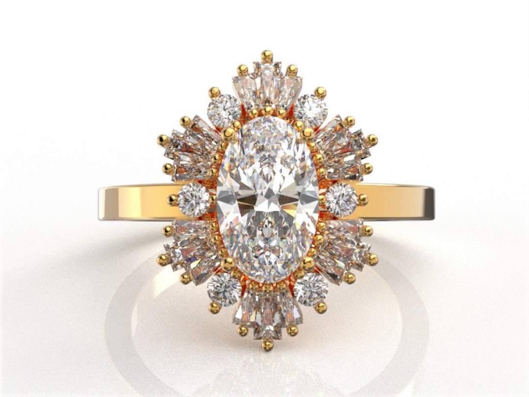 Oval Diamond Engagement Ring, Gatsby Ring, Sunburst Ring, Art Deco ...
