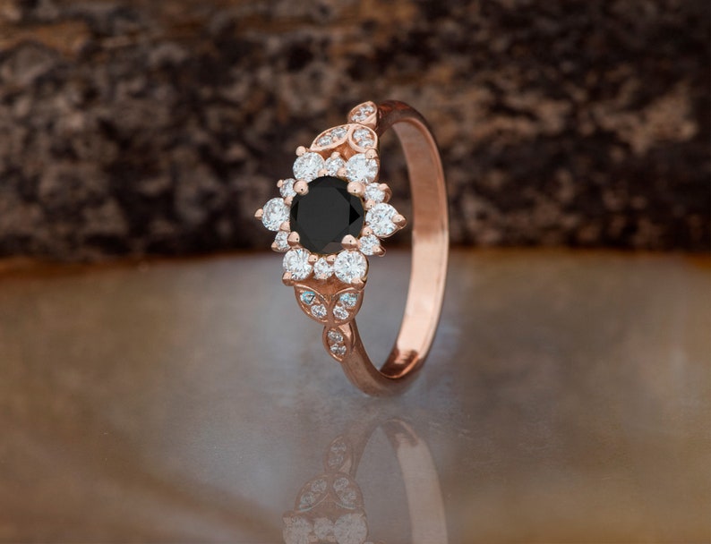 Rose Gold Black Diamond Ring Flower Engagement Ring Rose - Etsy