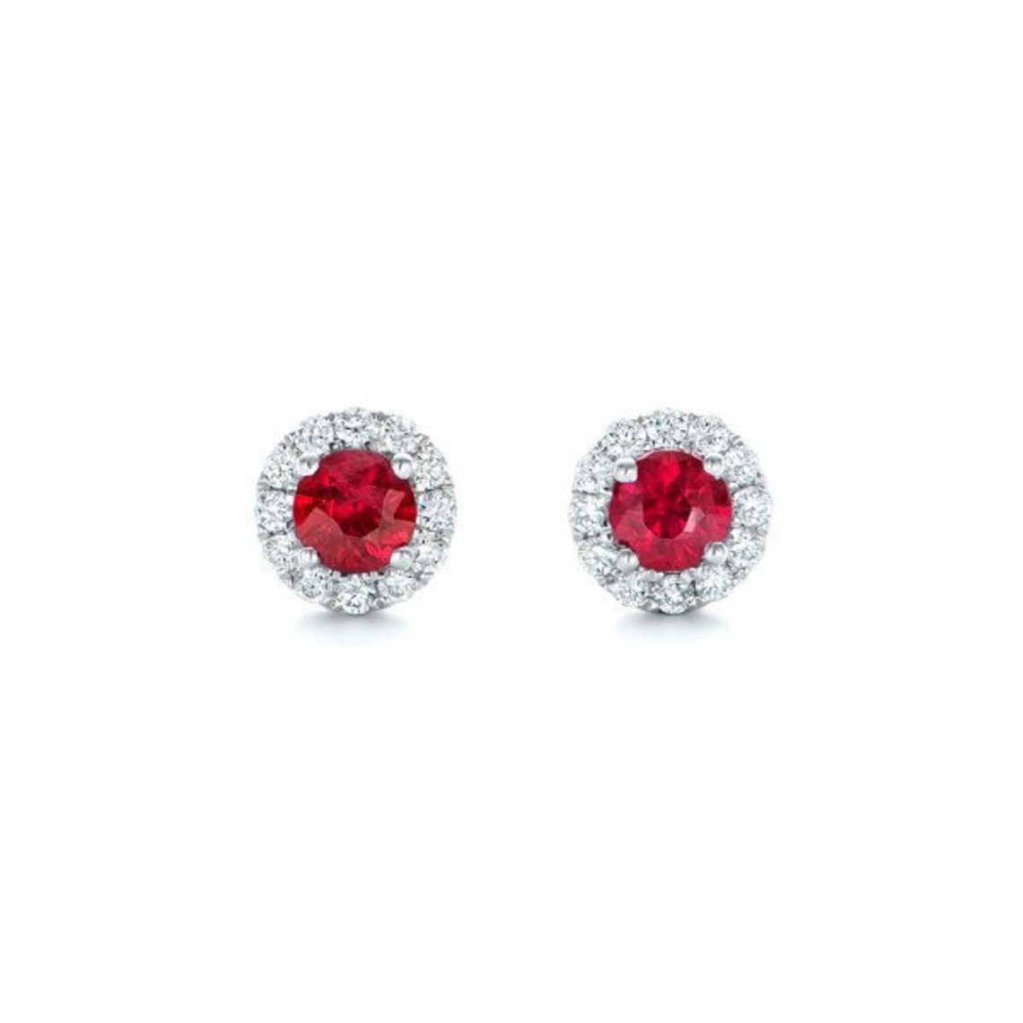 Minimalist Dainty Solid Gold Halo Red Ruby & Genuine Diamond Stud ...