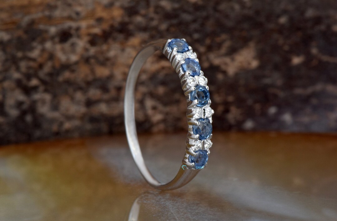 Fancy 14K / 18K Blue Sapphire and Natural Diamond Wedding Ring, Elegant ...