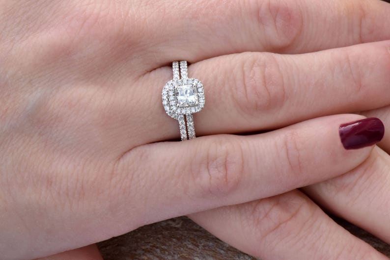 Cushion cut engagement ring set-White Gold-Promise ring-Art | Etsy