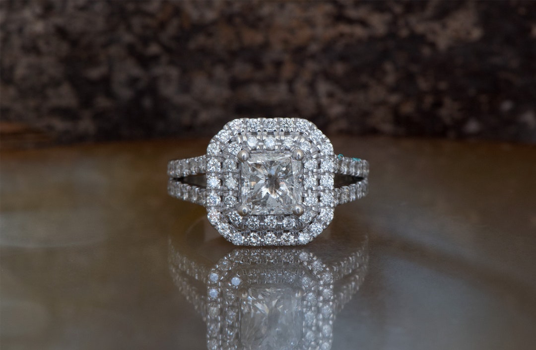 Princess Cut Engagement Ring-1.5ct Halo Diamond Ring-solid Gold Rings ...