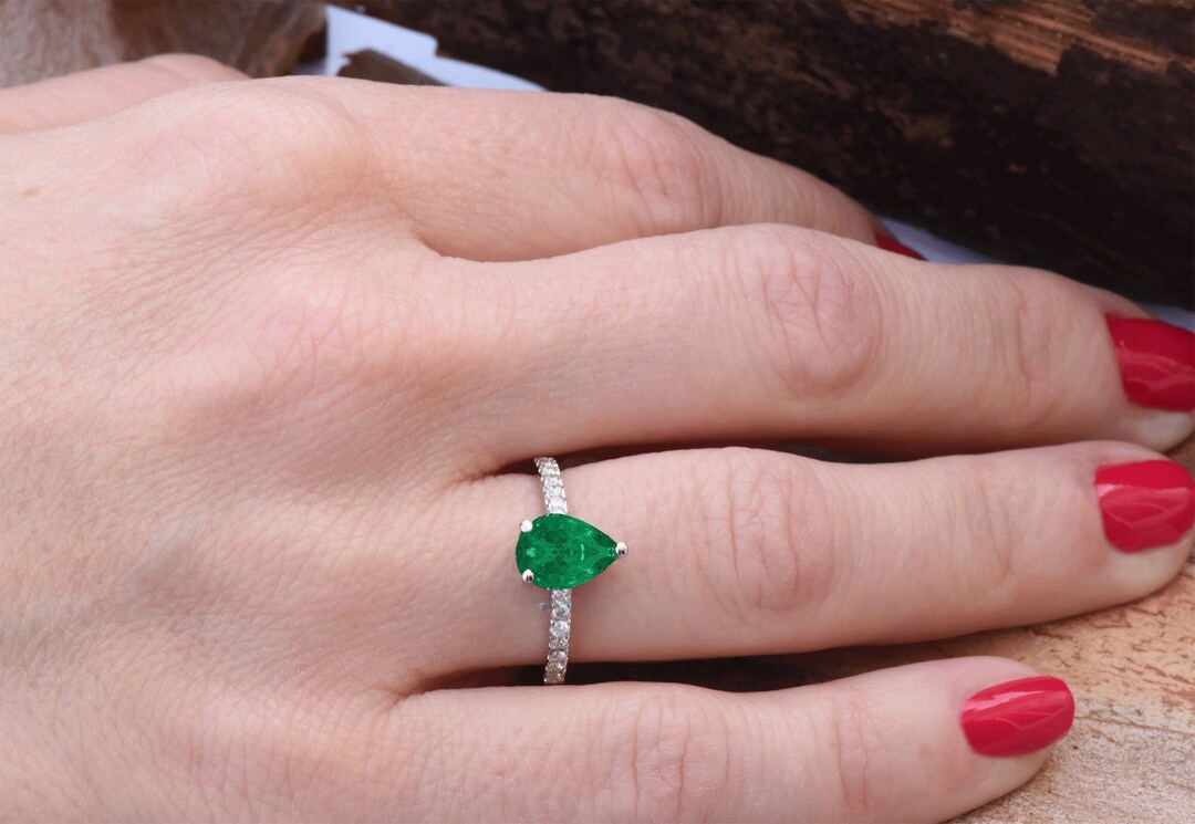 White Gold Emerald Engagement Ring, Tear Drop Emerald Ring, Pear ...