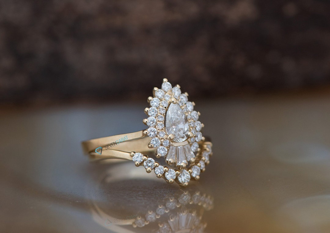 Wedding Engagement Ring Set, Vintage Style Wedding Ring Set, Art Deco ...
