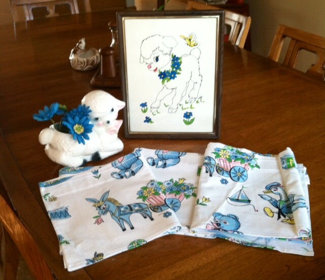 Vintage Lamb Picture in a Frame With Blue Flowers and Yellow - Etsy