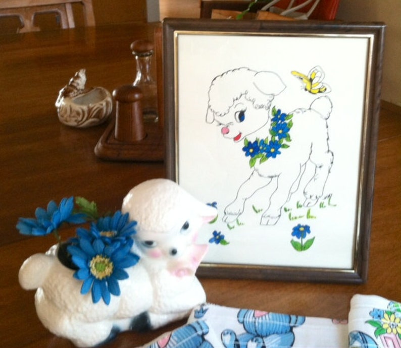Vintage Lamb Picture in a Frame With Blue Flowers and Yellow - Etsy