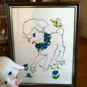 Vintage Lamb Picture in a Frame With Blue Flowers and Yellow - Etsy