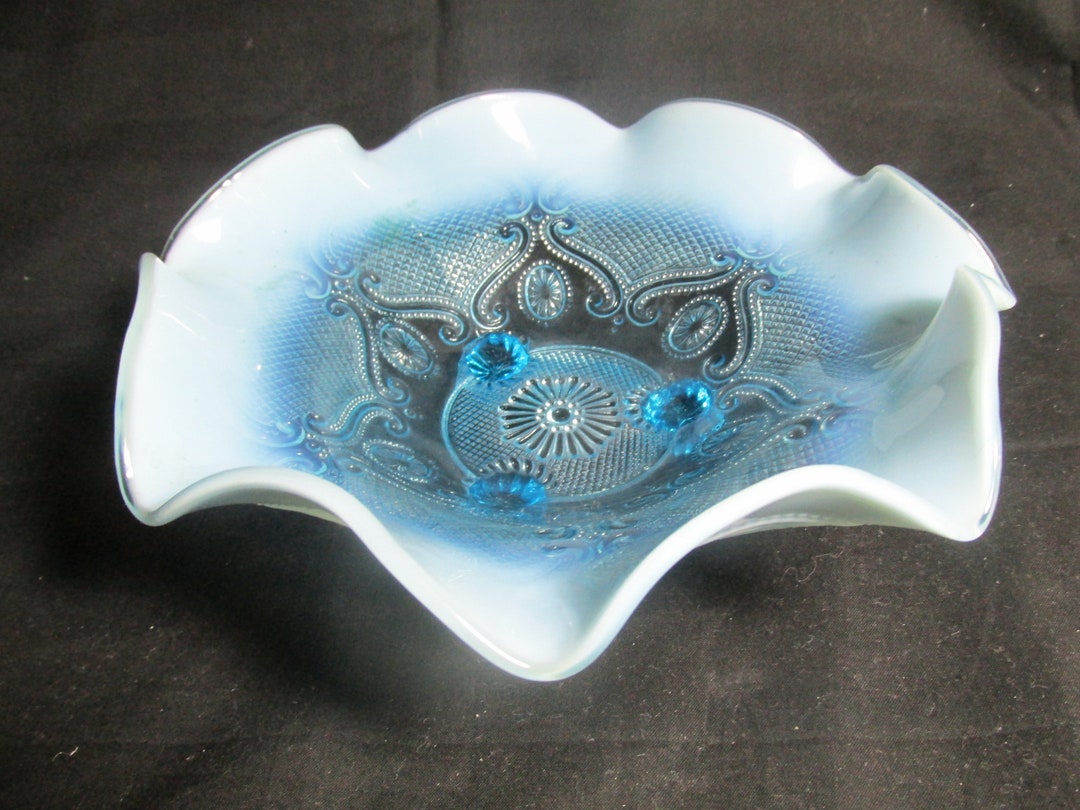 Jefferson Glass Blue Opalescent Pinched Ruffled Edge, 3 Toed Knob Feet ...
