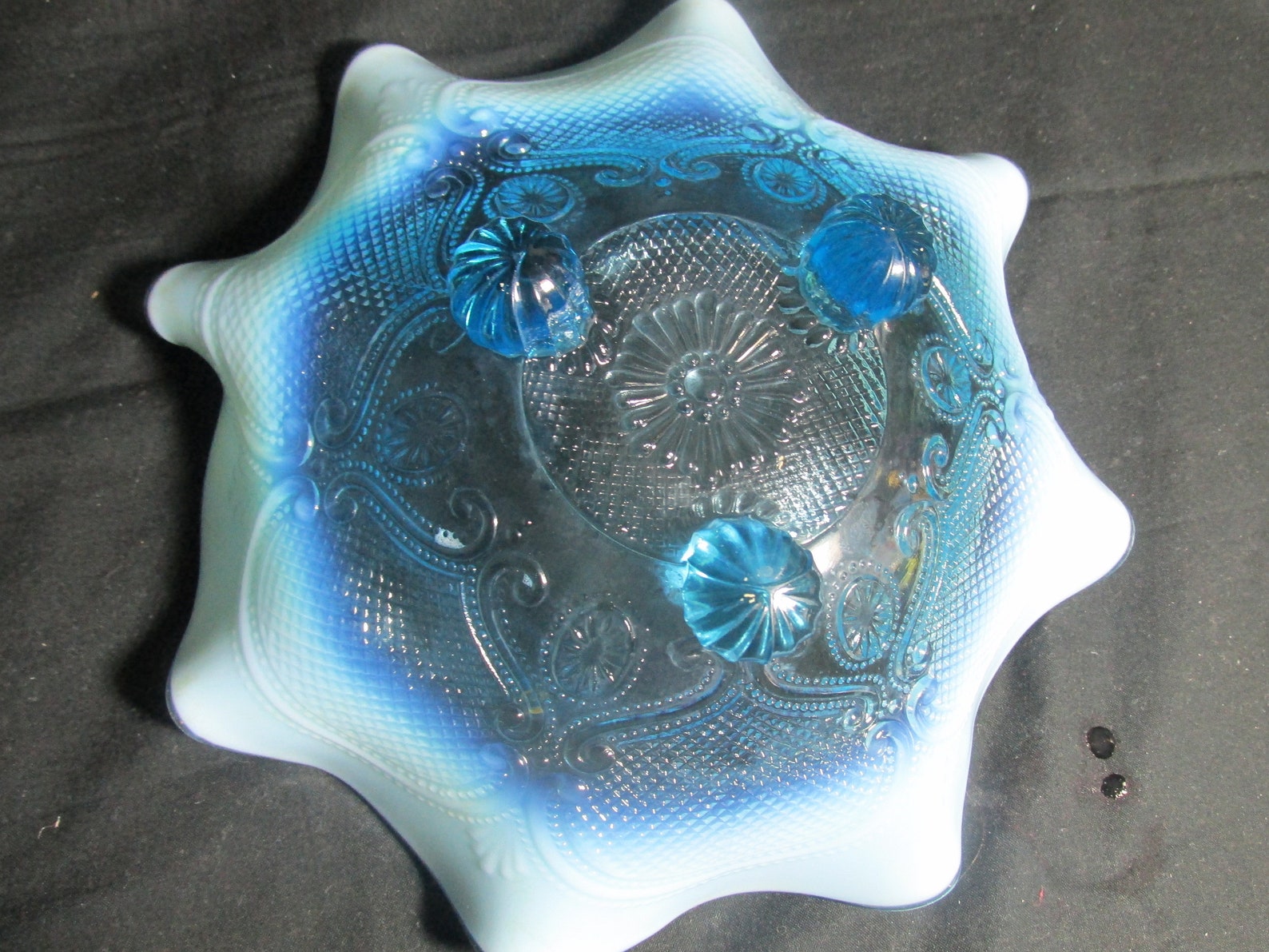 Jefferson Glass Blue Opalescent Pinched Ruffled Edge, 3 Toed Knob Feet ...
