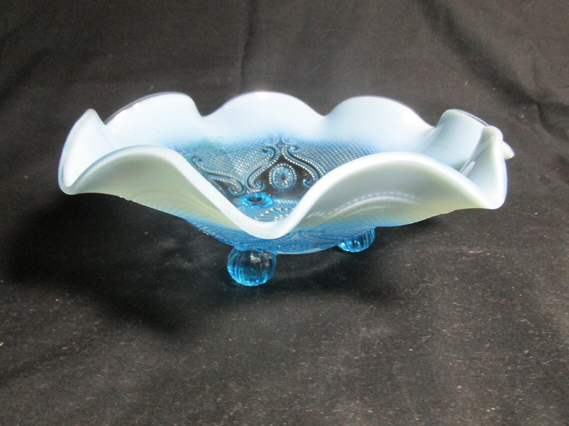 Jefferson Glass Blue Opalescent Pinched Ruffled Edge, 3 Toed Knob Feet ...