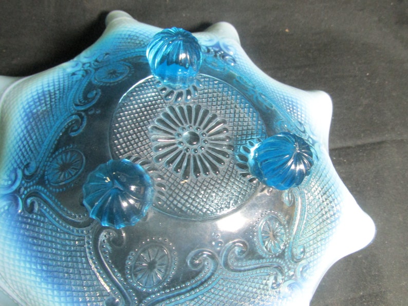 Jefferson Glass Blue Opalescent Pinched Ruffled Edge, 3 Toed Knob Feet ...