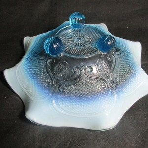 Jefferson Glass Blue Opalescent Pinched Ruffled Edge, 3 Toed Knob Feet ...