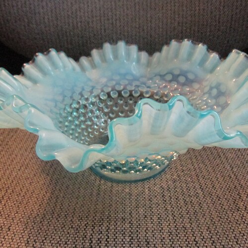 Fenton Blue Opalescent Hobnail Ruffled Bowl - Etsy