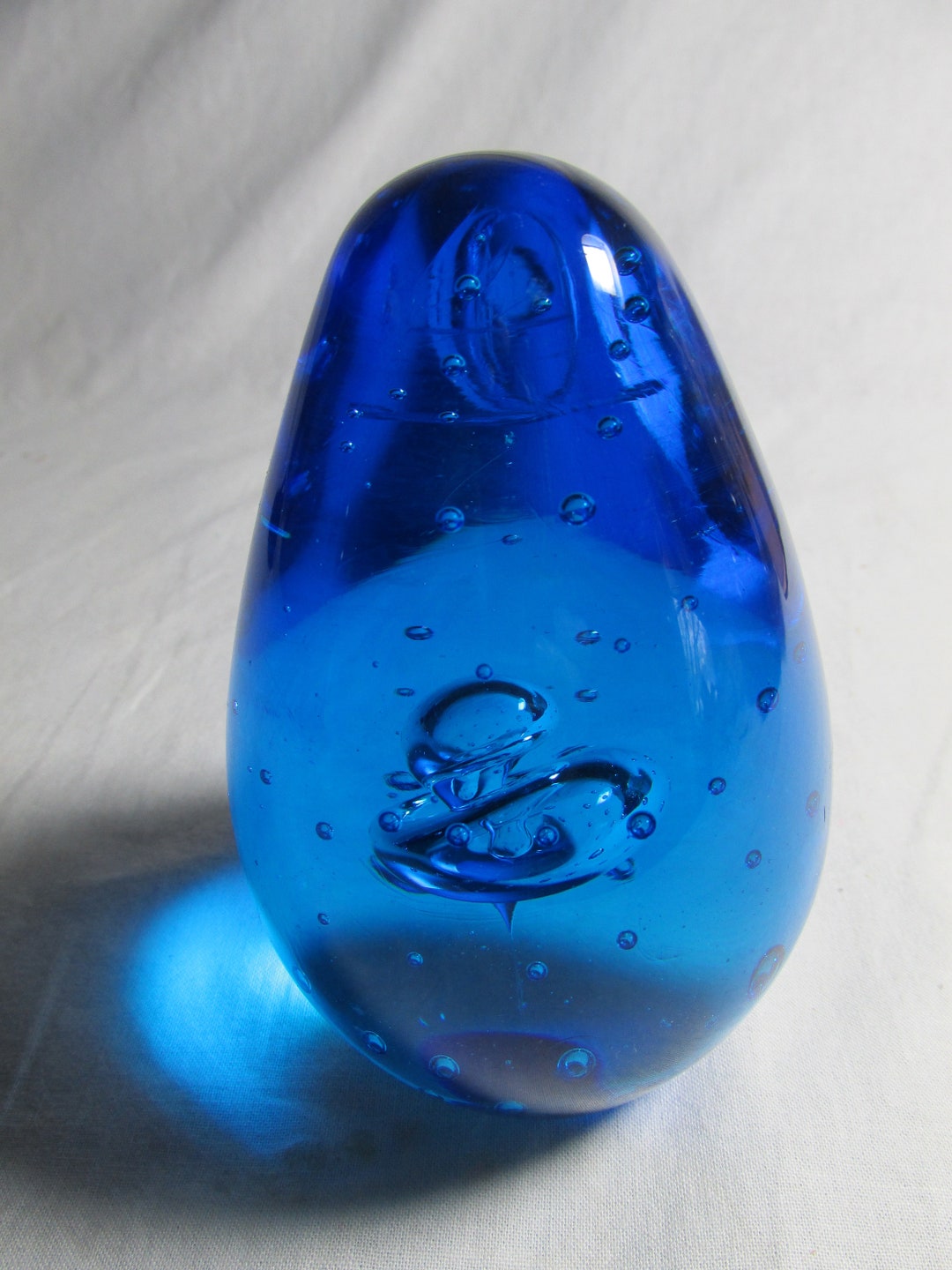 Hand Blown Colonial Blue Paperweight With Spiral Bubbles Inside and ...