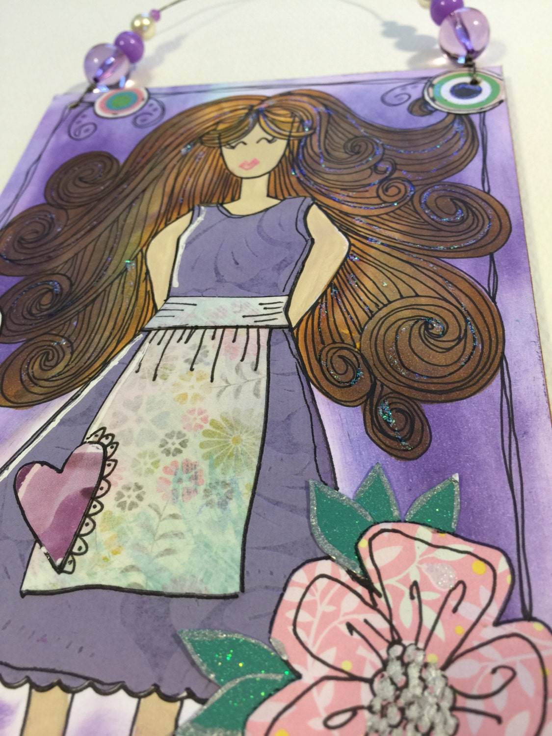 Whimsical Mixed Media 5" X 7" Hanging Sign Pretty Paper Girl With ...