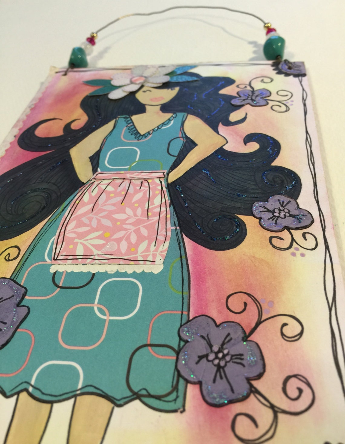 Whimsical Mixed Media 5" X 7" Hanging Sign Pretty Paper Girl With ...