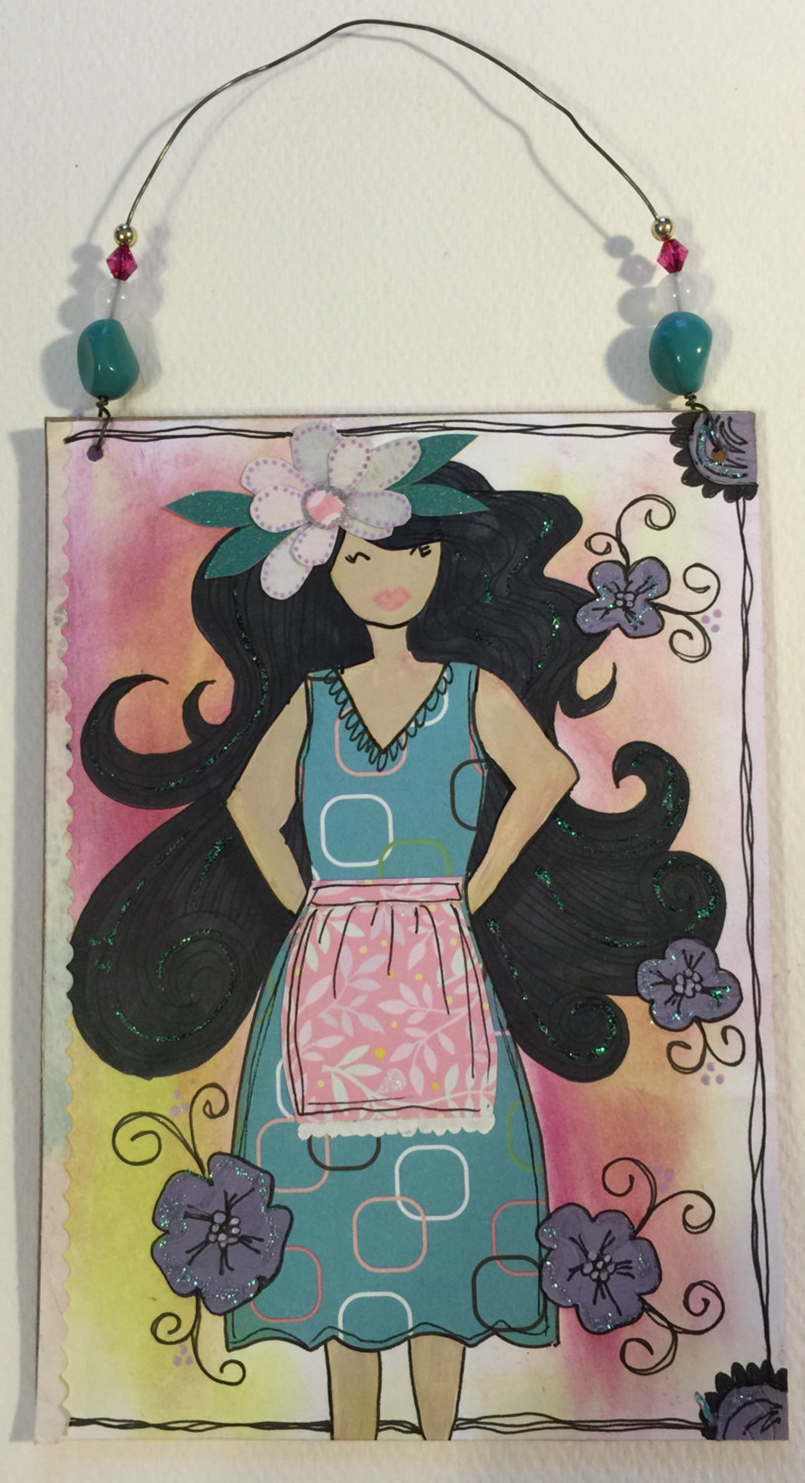 Whimsical Mixed Media 5" X 7" Hanging Sign Pretty Paper Girl With ...