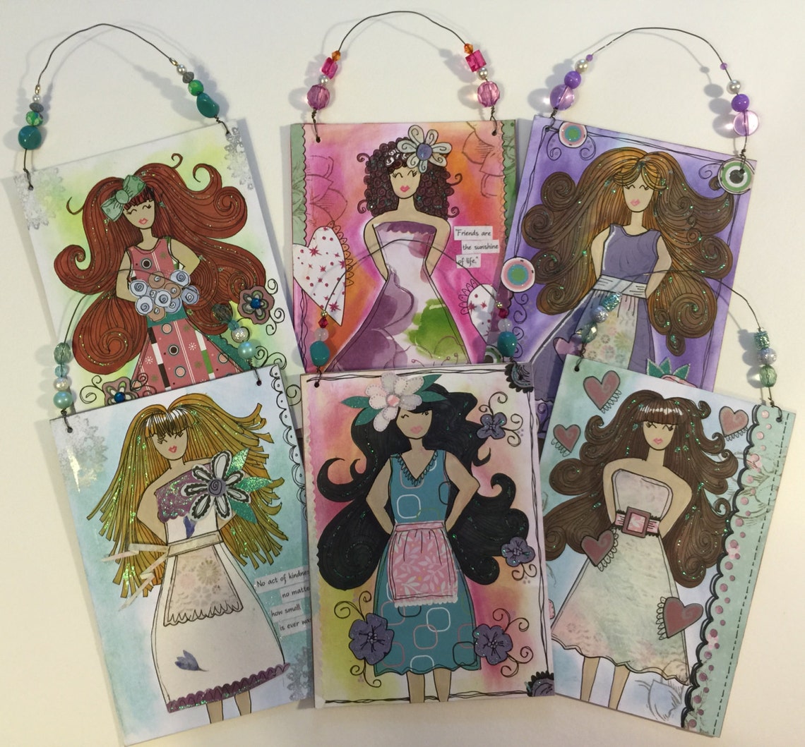 Whimsical Mixed Media 5" X 7" Hanging Sign Pretty Paper Girl With ...