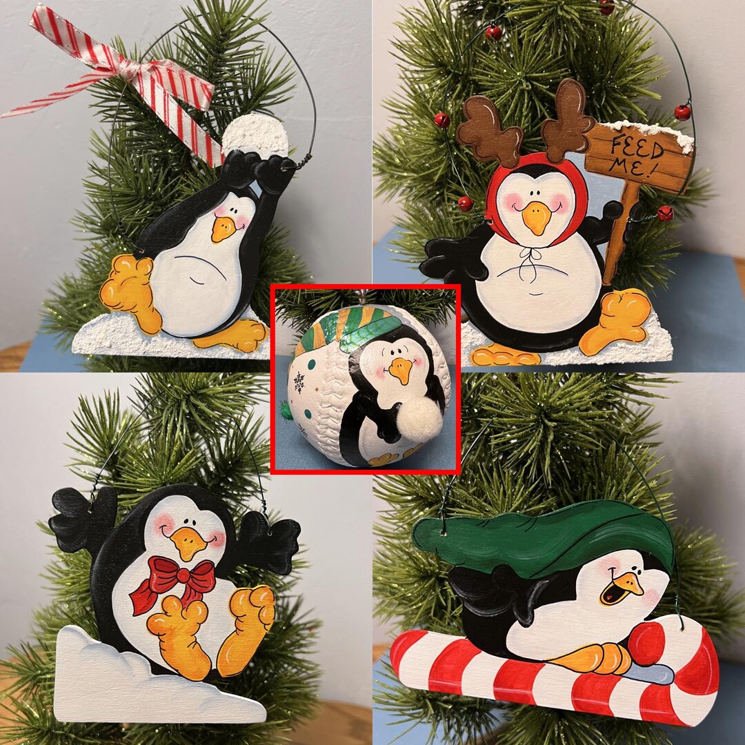 Perky Penguin Ornament Set/hand-cut Hand-painted Wooden Ornaments ...
