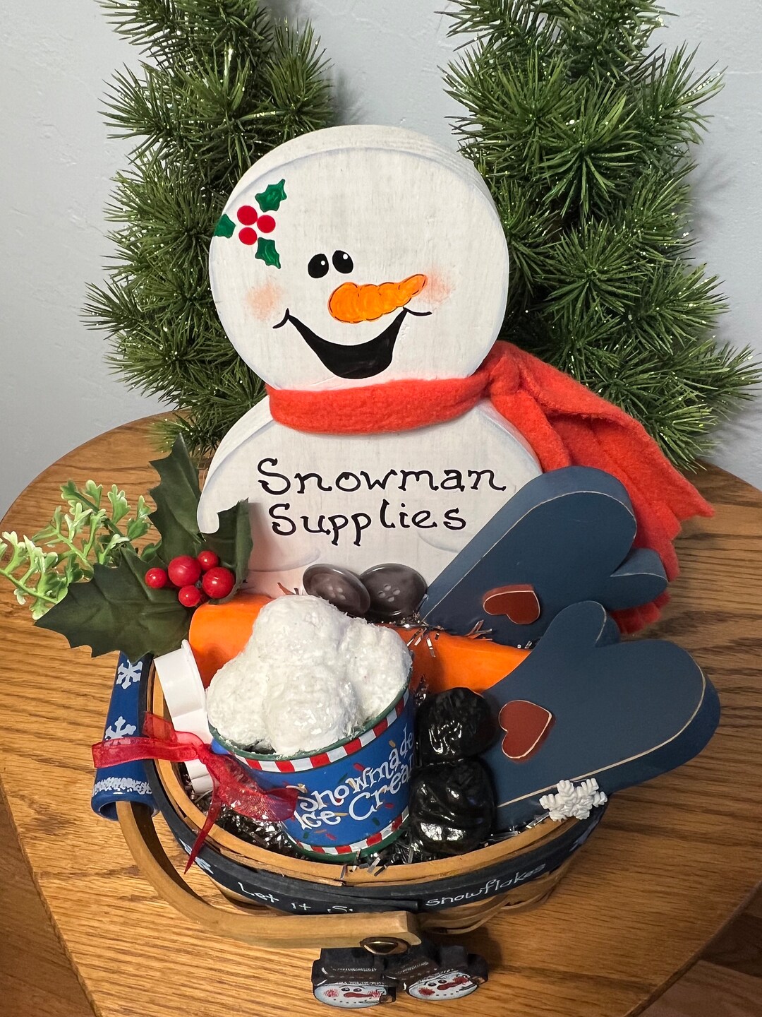 Snowman Supplies Basket Medium Size/whimsical Snow Decoration/2 ...