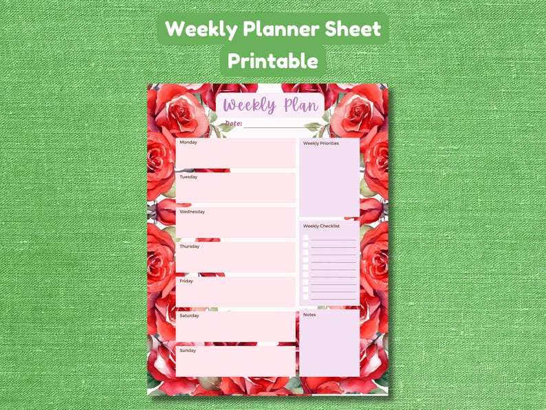 Roses Weekly Planner Printable, Weekly Printable Planner Template ...