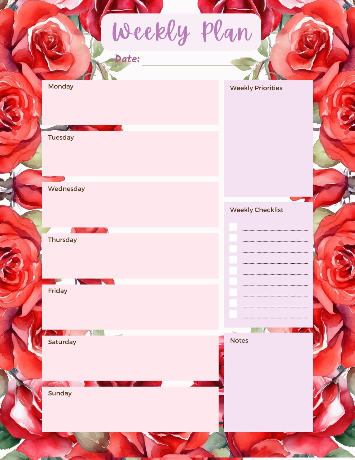 Roses Weekly Planner Printable, Weekly Printable Planner Template ...