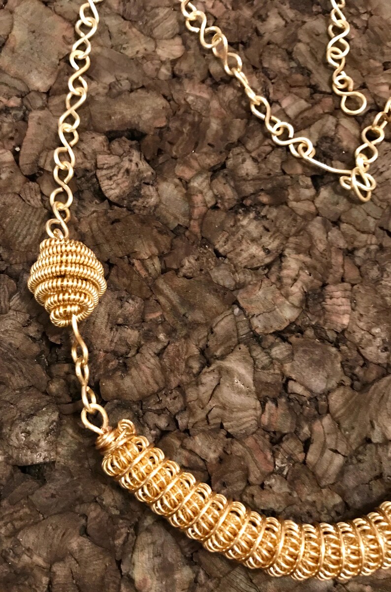 Gold Coiled Wire Beaded Necklace With Large Gold Coiled Focal Bead - Etsy