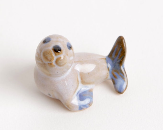 Vintage Pottery Seal in Milky Glazed Stoneware With Blue Flippers - Etsy