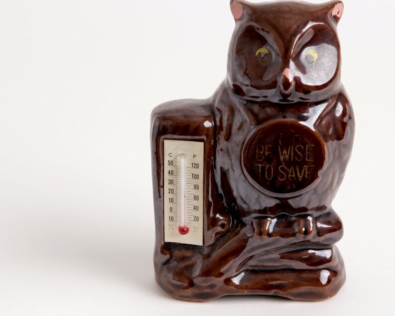 Vintage Ceramic Brown Owl Coin Bank With Thermometer, Be Wise to Save ...