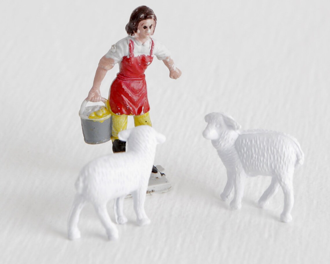 Vintage Woman With Two Lambs Miniatures, Tiny Farm Vignette With Woman ...