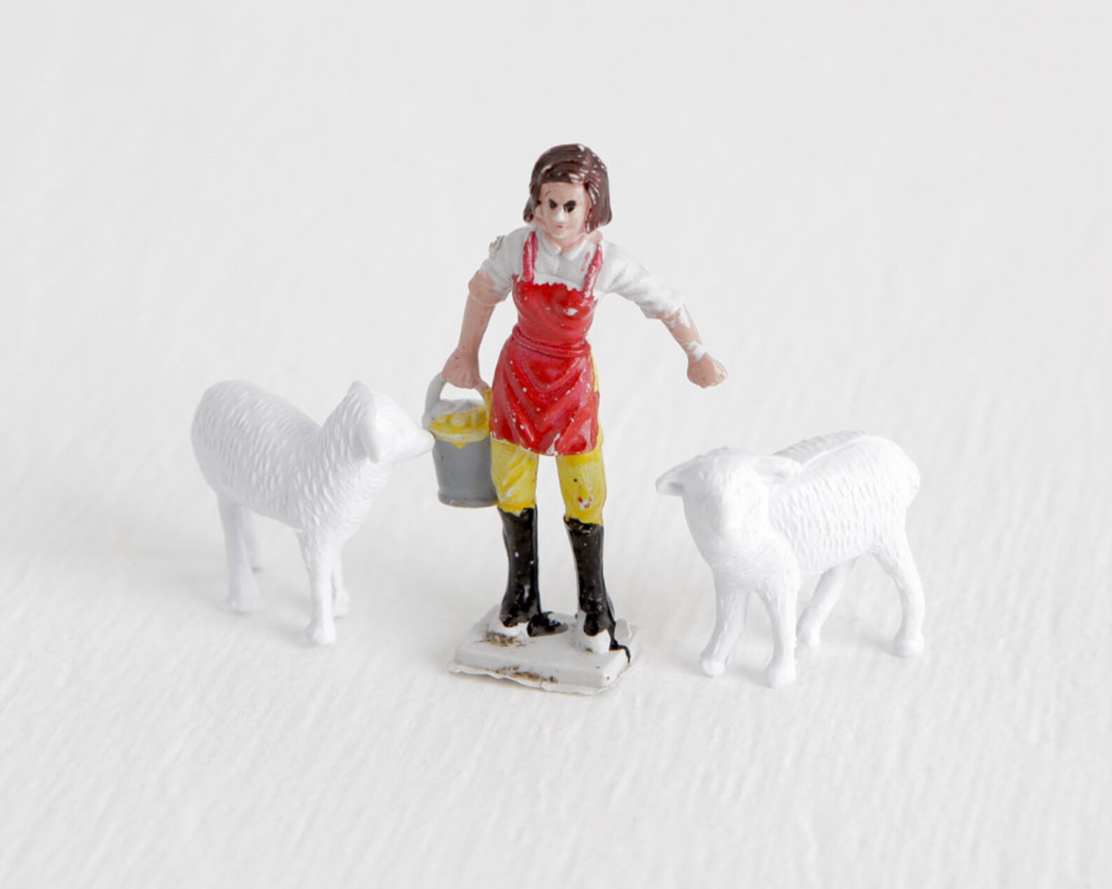 Vintage Woman With Two Lambs Miniatures, Tiny Farm Vignette With Woman ...