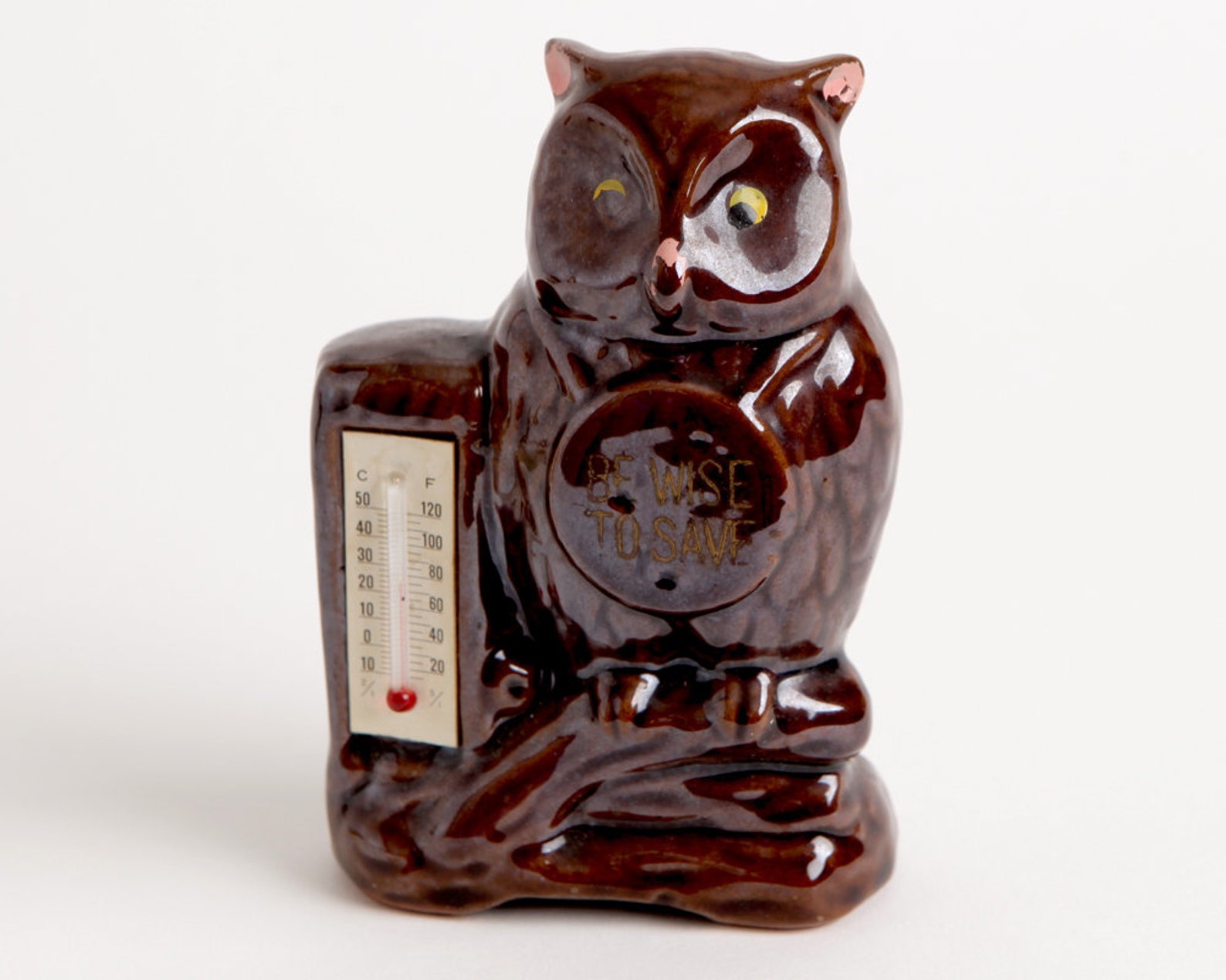 Vintage Ceramic Brown Owl Coin Bank With Thermometer, Be Wise to Save ...