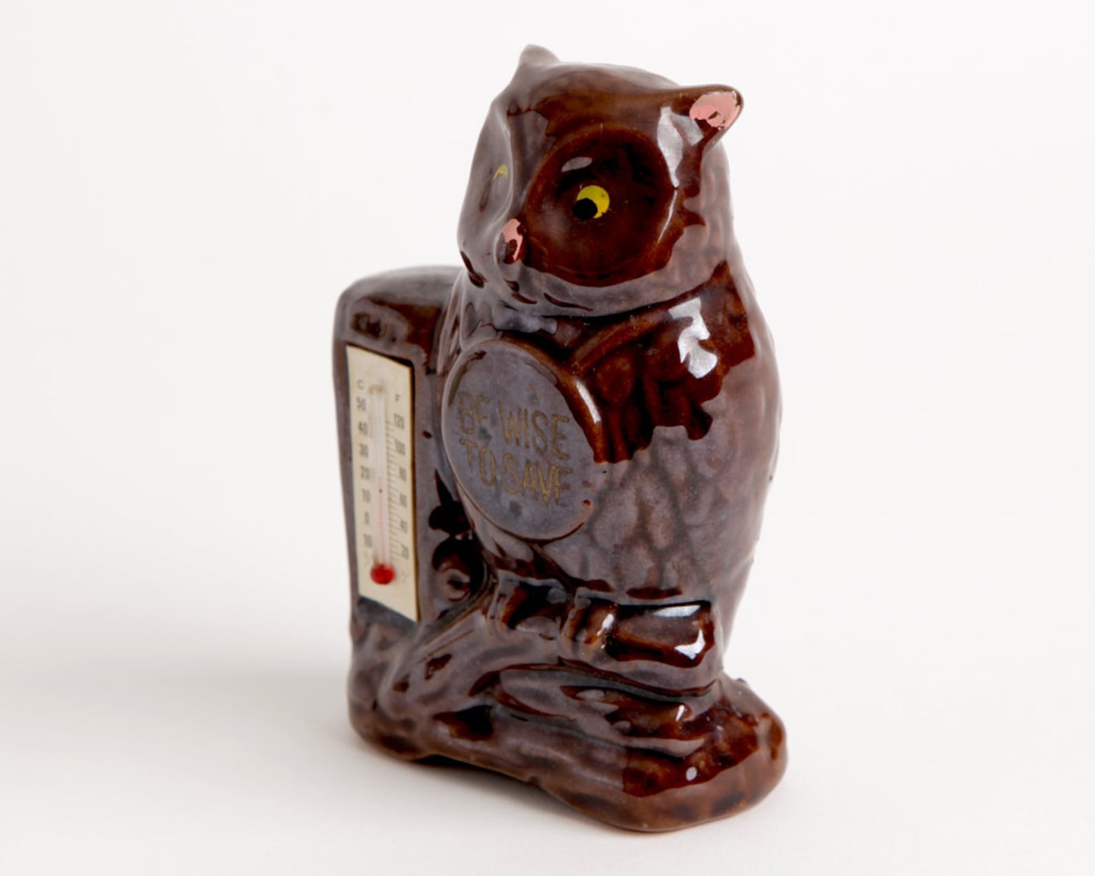 Vintage Ceramic Brown Owl Coin Bank With Thermometer, Be Wise to Save ...