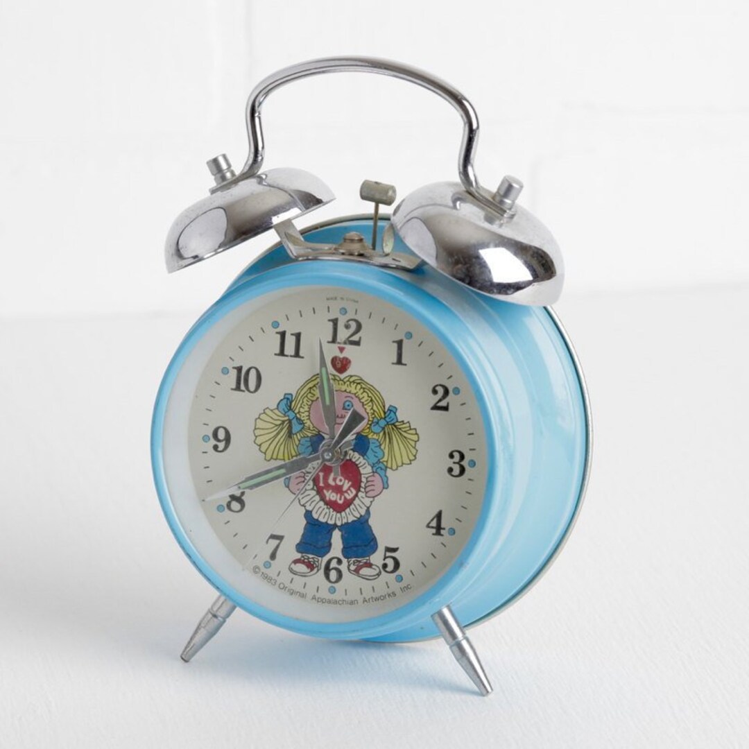 Vintage 1983 Cabbage Patch Clock, Wind up Blue Hammer Bell Alarm Clock ...