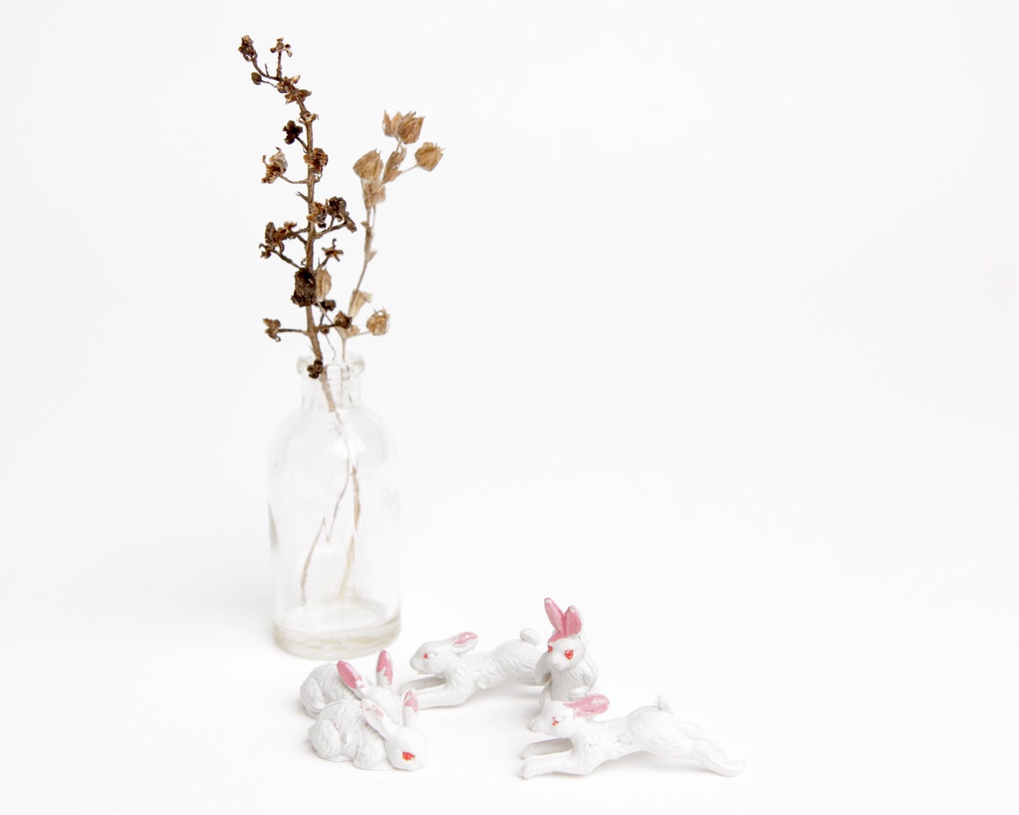 Vintage Five Tiny White Rabbit Figurines, Miniature Plastic Albino ...