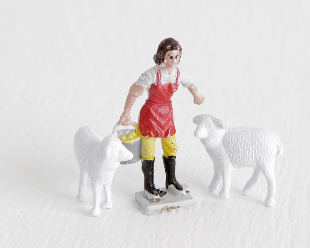 Vintage Woman With Two Lambs Miniatures, Tiny Farm Vignette With Woman ...