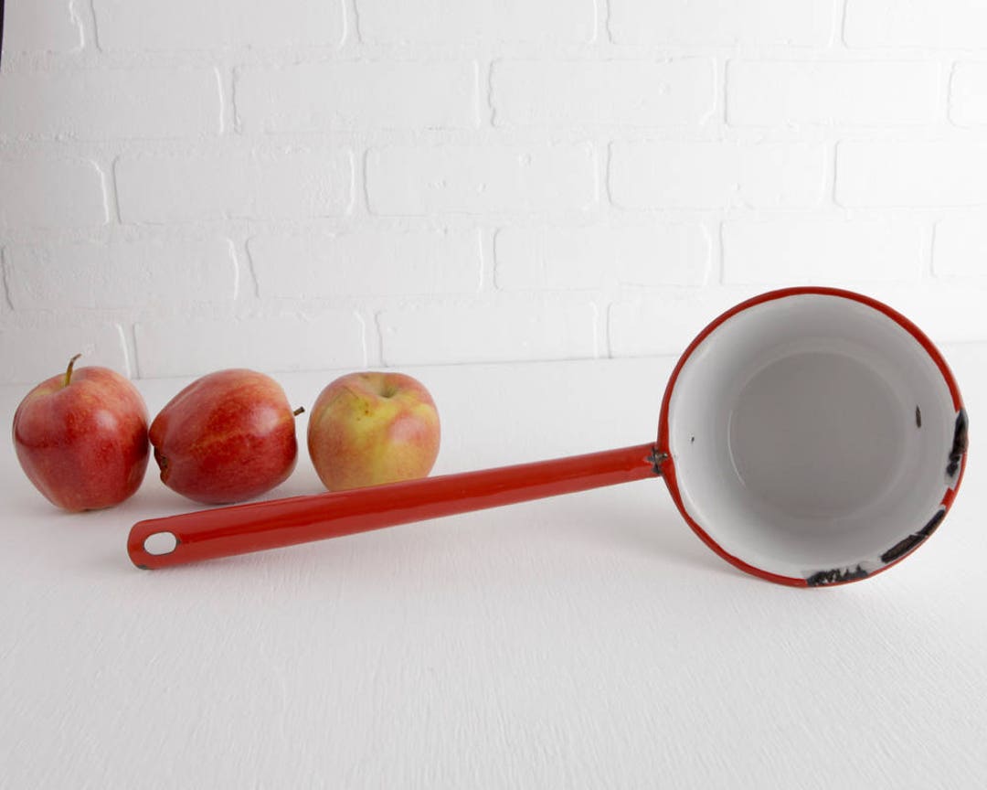 Vintage Large Red and White Enamel Ladle, Granite Ware Scoop With Long ...