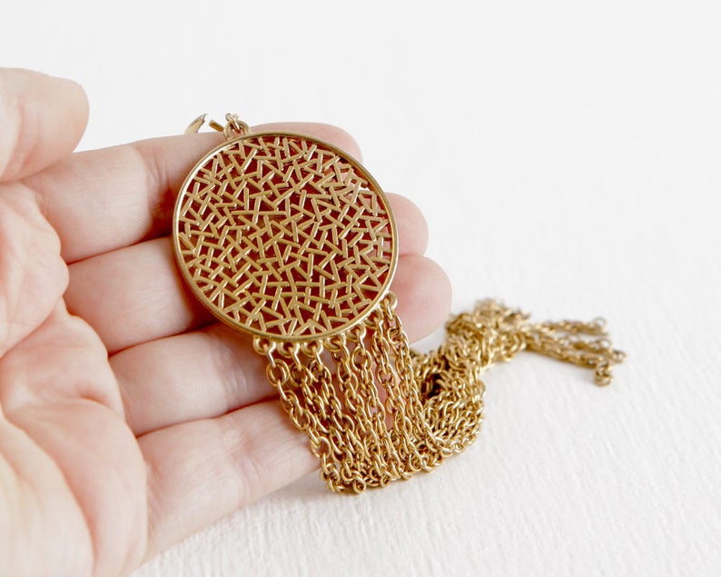 Vintage 1960s Round Gold Medallion Necklace With Hanging Chains - Etsy