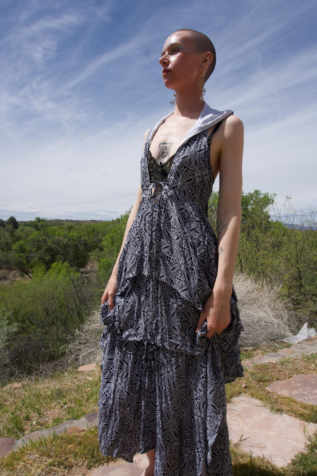 Black and White Geometric Print Long Layered Flowing Comfy Dress With a ...