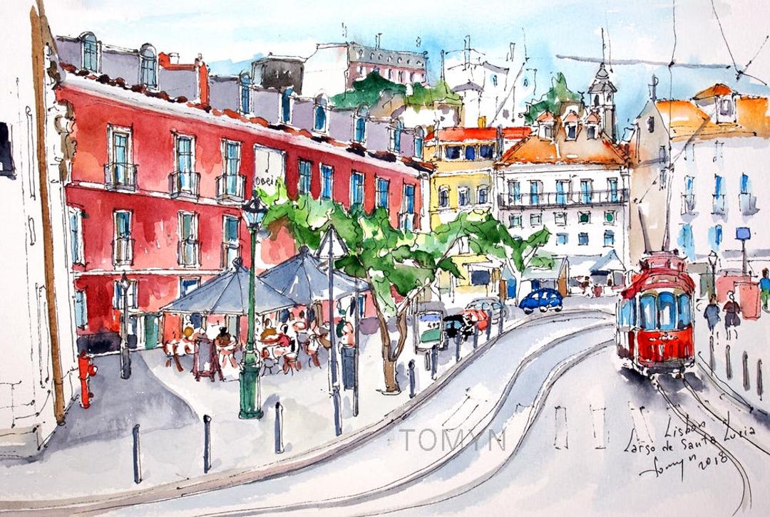 LISBON. PORTUGAL ART Print. Largo De Santa Luzia. Lisbon Watercolor ...
