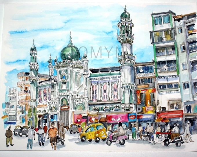 India Sketch, Crowded Street in Mumbai, India 8x10 Print of a ...