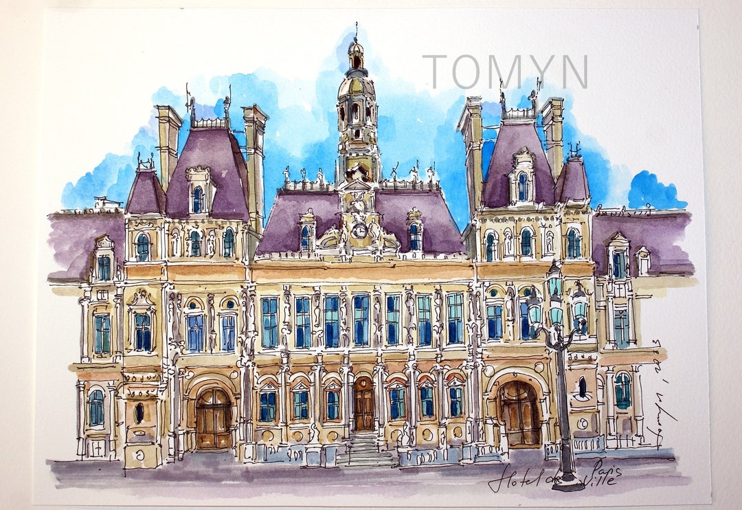 PARIS Watercolor. Hotel De Ville. PARIS Wall Art. Parisian Architecture ...