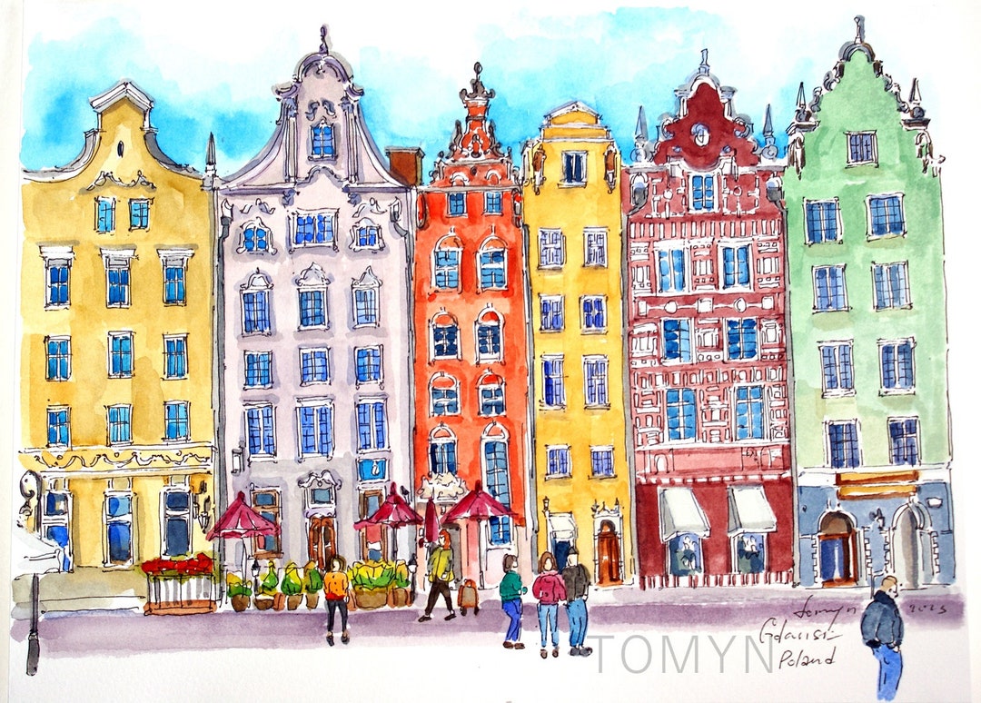 POLAND WATERCOLOR PAINTING. Gdansk Houses Art. Colorful Houses in ...