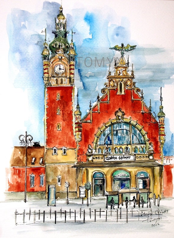 POLAND ORIGINAL WATERCOLOR. Gdansk Główny Painting. Gdansk - Etsy