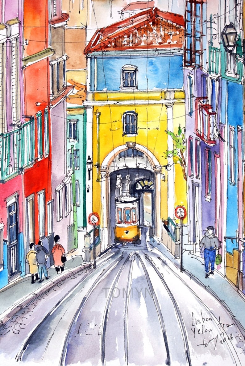LISBON STREET. PORTUGAL Art Print. Yellow Tram Lisbon. Portugal Wall ...