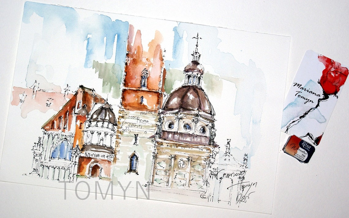 POLAND Original Watercolor. Krakow Painting. Wawel Cathedral Art. Roman ...
