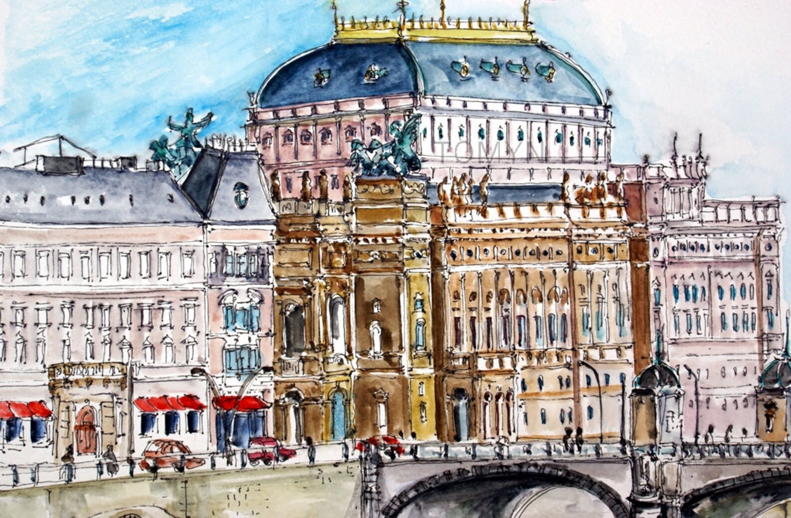 TEATRO NACIONAL PRAGA. Arte mural de Praga. Pintura de Praga. Acuarela ...