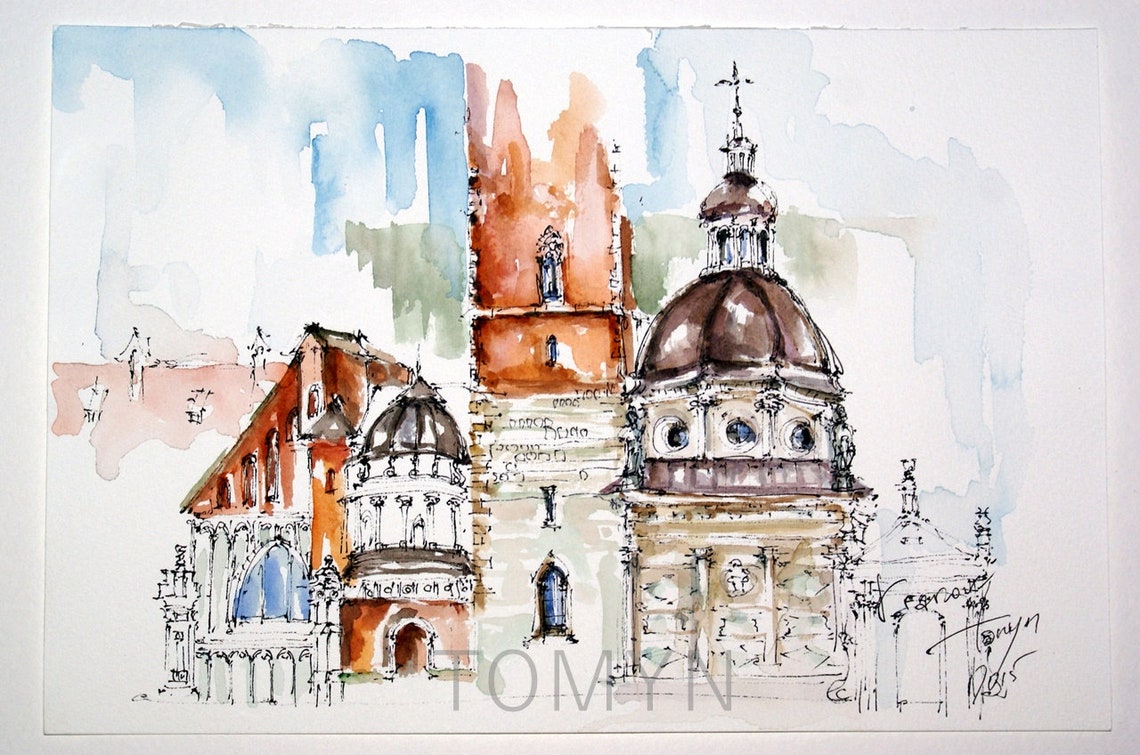 POLAND Original Watercolor. Krakow Painting. Wawel Cathedral Art. Roman ...