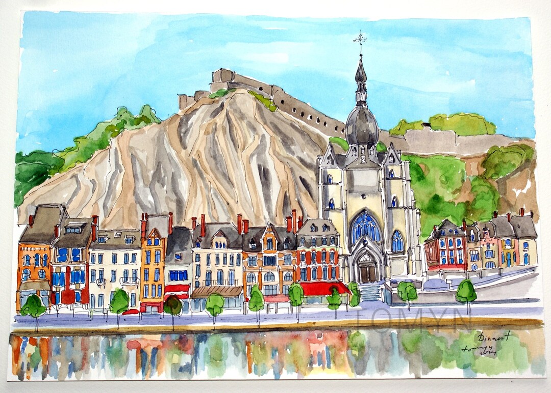Dinant Cities in Wallonia. Belgium City Watercolor Art. Notre Dame De ...